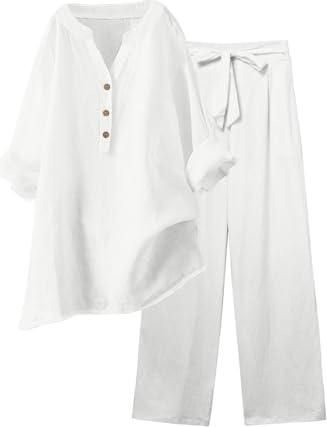 Generic Ensemble de 2 tenues en lin pour femme - Grande taille - T-shirt graphique &agrave; manches courtes et pantalon - Mocassins assortis - Taille 1, blanc, 3XL