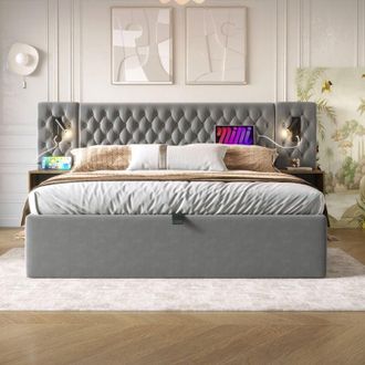 Liberte Lit coffre,lit double,lit adulte 180x200 avec lumi&egrave;re et fonction de chargement USB, lit capitonn&eacute; - velours,gris