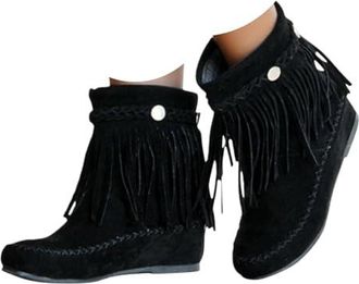 Generic Bottines de cowboy plates &agrave; franges pour femme - Bottines de cowgirl courtes &agrave; franges - Bottines dautomne et dhiver - Chaussures plates &agrave; rivets en d
