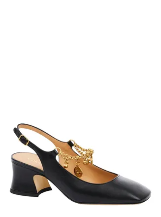 Chlo&eacute; Womens Black Pumps With Logo Charm And Wide Heel Calf