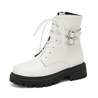 Generic Bottes de combat dhiver &agrave; lacets pour femme avec sangles &agrave; boucle et bout rond - Chaussures &agrave; talons &eacute;pais avec fermeture &eacute;clair, blanc, 40.5 EU
