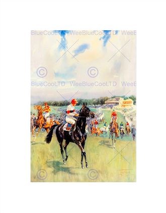 Wee Blue Coo The Art Stop PAINTING SPORT RACEHORSE JOCKEY FLAT FIELD STAND CLOUDS UK FRAMED PRINT B12X7502