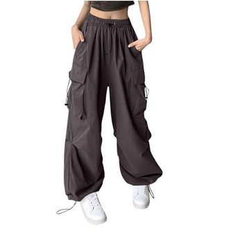 Generic Pantalon cargo pour femme - Taille haute - Jambe large - Baggy d&eacute;contract&eacute; - Pantalon de parachute Y2K Streetwear avec plusieurs poches, gris, XXL