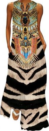 Ocean Plus Femmes Jupe Longue sans Manches Col V Robe Florale Imprimée Maxi Robe sans Manches avec Col en V (XL, Bijoux de Tribu avec Motif de Tigre)