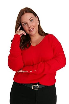 Trendyol Pull uni à col en V Grande Taille Maillot de survêtement, Rouge, XXL Femme
