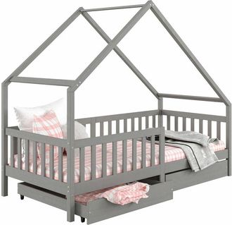 IDIMEX Lit cabane asym&eacute;trique avec tiroirs 90 x 200 cm - Structure en pin massif naturel - Barri&egrave;res de protection pour s&eacute;curit&eacute; enfant