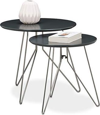 Relaxdays Beistelltisch 2er Set Wohnzimmertische aus Holz mit grau-matt lackierten Tischplatten im Durchmesser 48 und 40 cm als Couchtisch und Telefontisch in z