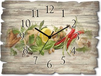 Artland Wanddeko Wanduhr ohne Tickgeräusche aus Holz Quarz Uhr lautlos Rechteckig 40x30 cm Essen Lebensmittel Gewürze Kräuter Zitrone Chilli Vintage Rustikal 
