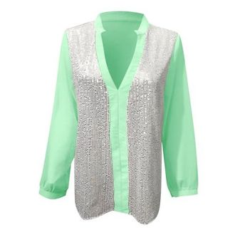 Generic Hauts &agrave; paillettes scintillantes pour femme - Manches longues - Col en V - Coupe ample - Pull &agrave; paillettes scintillantes - Confortables - Hauts de soi