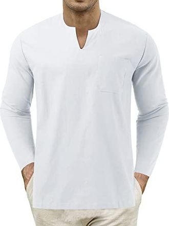 Generic Chemise dentra&icirc;nement en coton et lin pour homme &agrave; manches longues - Coupe ajust&eacute;e - Sans col - Couleur unie - Tunique l&eacute;g&egrave;re, blanc, XXL