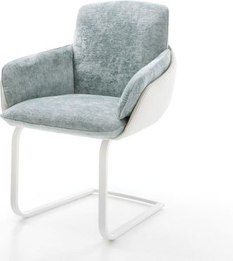 DELIFE Freischwinger Luan-Flex mit Armlehnen Materialmix Echtleder Weiß-Pastellblau Freischwinger flach Weiß, Esszimmerstühle