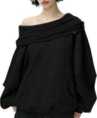 Generic QXDZSW Tricot Patchwork Sweatshirt Femmes L&acirc;che Casual Manches Longues Sportif Top Printemps Automne Chic Paresseux &Eacute;paule D&eacute;nud&eacute;e Harajuku Manteau, N