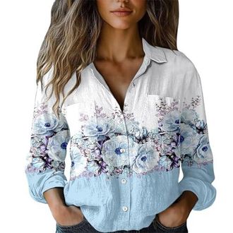 Generico Chemise Femme Curvy &agrave; Manches Longues Blouse Coton Et Lin D&eacute;contract&eacute; Respirant T Shirt Col en V Mode Chemisier Vintage Fantaisie avec Boutons Doux Ch