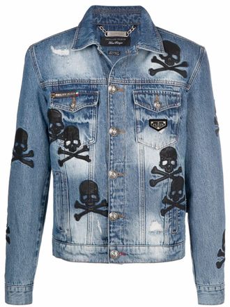 Philipp Plein veste en jean &agrave; patch t&ecirc;te de mort - Bleu
