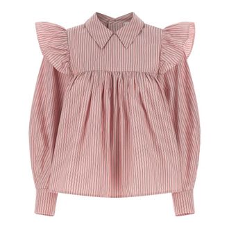 Ganni Oxford Stripe Frill Blouse - - Blouses & Shirts - Damen - Rosa - XS