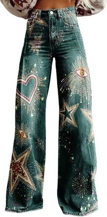 Generic Jean évasé pour femme avec poches - Imprimé floral vintage - Taille haute - Pantalon ample - Imprimé, 20, 3XL