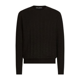 Dolce & Gabbana Homme, Pulls, Noir, Taille: L Pull ras du cou en soie avec broderie logo int&eacute;grale