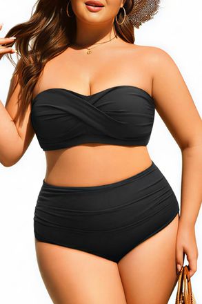 Yonique Zweiteiliger Damen-Badeanzug, &Uuml;bergr&ouml;&szlig;e, hohe Taille, Bandeau-Bikini, Bauchweg-Badeanzug, Schwarz, 16 Plus