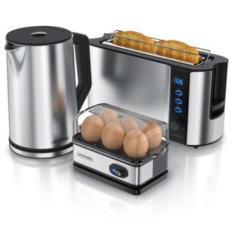 Arendo Fr&uuml;hst&uuml;cksset 3-teilig, 2-Scheiben Toaster, 6er Eierkocher, Wasserkocher 1,5L, Silber - Arendo
