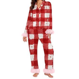 Generic Ensemble de pyjama en satin pour femme - V&ecirc;tement de nuit imprim&eacute; coeur - Haut et pantalon boutonn&eacute;s - Tenue 2 pi&egrave;ces - Pyjama en soie doux et confort