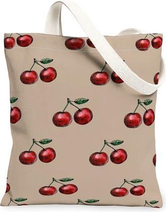 Generic Sacs fourre-tout en toile motif cerises, sacs d&eacute;picerie r&eacute;utilisables, sacs d&eacute;picerie vintage, l&eacute;gers et lavables avec bandouli&egrave;re pour voyage, beige,