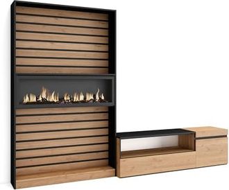 Skraut Home | Wohnwand Wohnzimmer | Wohnzimmerm&ouml;bel, M&ouml;belset | 260x186x35cm | F&uuml;r TV-Ger&auml;te bis zu 65 | Elektrokamin | Moderner Stil | Eiche Schwarz
