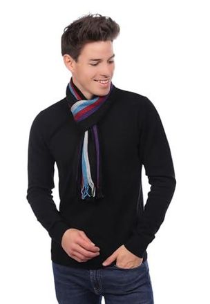 JL De La Tour &Eacute;charpe homme tricot&eacute;e ray&eacute;e 100% cachemire - Fines franges - Longueur 170 cm - &Eacute;charpe hiver &eacute;l&eacute;gante et luxueuse rayures violet-bleu-noir