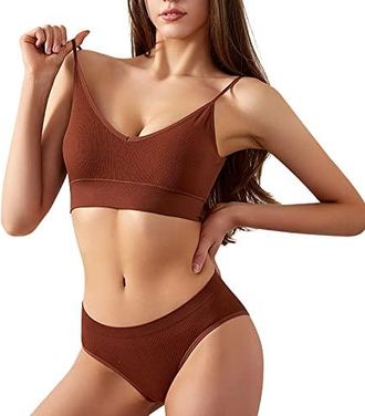 Generic Ensemble de lingerie sexy pour femme, bralette solide et ensemble haut pour femme, caf&eacute;, M