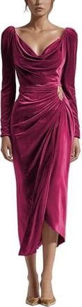 Generic Robes amincissantes en velours - Robe midi moulante d&eacute;contract&eacute;e en velours avec manches longues, fente lat&eacute;rale et volants pour une silhouette &eacute;l&eacute;gan