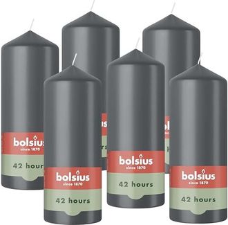 Bolsius Bolsius - Stumpenkerzen - Grau - 15cm - 6 St&uuml;ck - Brenndauer 42 Stunden - mit nat&uuml;rlichen Extrakten - Nat&uuml;rliches Pflanzenwachs - Ohne Palm&ouml;l