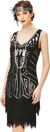 Babeyond Damen Retro 1920er Stil Flapper Kleider mit Zwei Schichten Troddel V Ausschnitt Great Gatsby Motto Party Kostüm Kleider- Gr. M (Fits 78-88 cm Waist & 