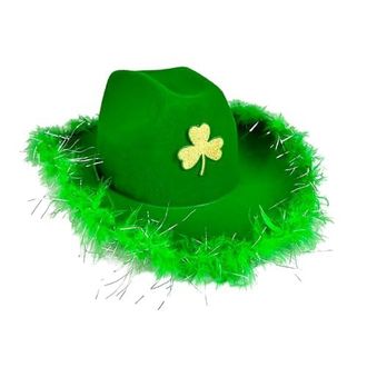 Generic Chapeau de cowboy pour la Saint-Patrick pour femme - Bord en plumes duveteuses - Tr&egrave;fle porte-bonheur - Chapeau de cowgirl occidental - Tr&egrave;fle irlanda