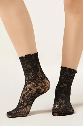 Calzedonia Spitzensocken Mit Blumen Schwarz
