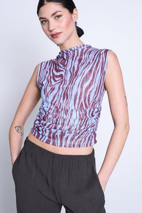 JAN 'N JUNE Damen vegan Oberteil Mit R&uuml;schen Aus Mesh Laguna-Blau, Zebra-Print