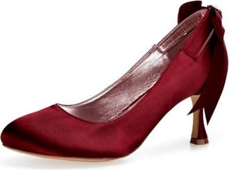 Generic Chaussures De Mari&eacute;e Escarpins pour Femme Satin&eacute;e Talon Moyen Slip-on Rond Chaussures De Mariage De F&ecirc;te 7Cm,Dark Red,40 EU