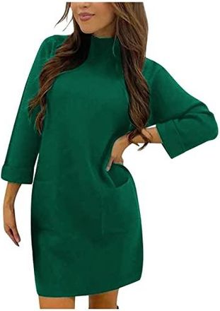Generic Robes amincissantes 2026 pour femmes, chandails &agrave; manches longues, col roul&eacute; l&eacute;ger, surdimensionn&eacute;, couleur unie, robe pull midi avec poches, Vert, XL