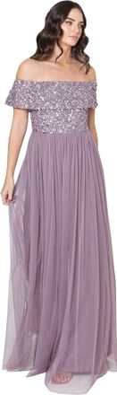 Maya Damen Dames Bardot Jurk Voor Vrouwen Maxi Versierd Hight Empire Taille Mouwloze Tulle Voor Bruiloft Guest Brautjungfernkleid, Moody Lilac, 52 EU