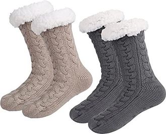 Feoya 2 Paires Chausson Chaussette Homme Femme Hiver Chaud Chaussettes Anti-dérapantes Épaisse Unisexe Chaussette Pantoufle Doublure en Polaire pour Noel St