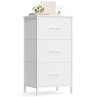 Songmics Kommode, Schrank, 3 Stoffschubladen, Aufbewahrungsschrank, Stahl, MDF, Vliesstoff, für Schlafzimmer, Flur, Wohnzimmer, wolkenweiß-schneeweiß LGS313WH0