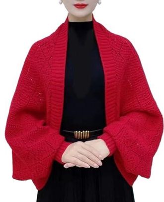 Generic Manteau ch&acirc;le tricot&eacute; ajour&eacute; tendance, cardigan ch&acirc;le tricot&eacute; ajour&eacute; pour femme, cardigan l&eacute;ger et souple, 2 pi&egrave;ces - Rouge, taille unique