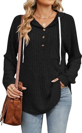 Feoya Sweatshirt Femme Sweat Manches Longue Haut Solide Sweat Casual Loose Pullover Classique Y2K Automne Hiver Noir M