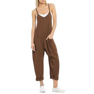 Generic Combinaisons pour femme, col en V décontracté, salopette longue, salopette pour femme, combinaison sans manches avec grandes poches, marron foncé, XXL