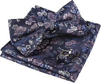 Alizeal Noeud papillon pré-noué pour homme, carré de poche et boutons de manchette, ensemble formel classique pour fête de mariage, 006-Bleu marine + Rose, ta