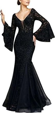 Generic Robe Longue Femme Soiree,Mesdames Dentelle Noire Sexy Slim Fit Fishtail Banquet soirée Longue Robe Robe Pull Grande Taille Robe Sexy Femme Club libert