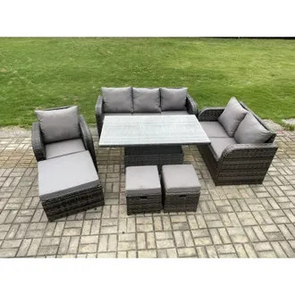 Fimous Gartenm&ouml;bel Lounge Sofa Set Patio h&ouml;henverstellbarer Tisch Liegest&uuml;hle Sofa mit 3 Hockern Dunkelgrau Gemischt - Fimous
