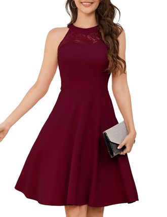 Bbonlinedress BBONL INEDRESS Abendkleider elegant f&uuml;r Hochzeit Sommerkleid Damen Festliche Kleider Neckholder Cocktailkleid Brautjungfer Hochzeitskleider Claret XL
