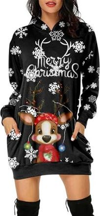 Generic 2026 Robe midi à manches longues avec poches pour femme Imprimé Merry Christmas, marron, XXL