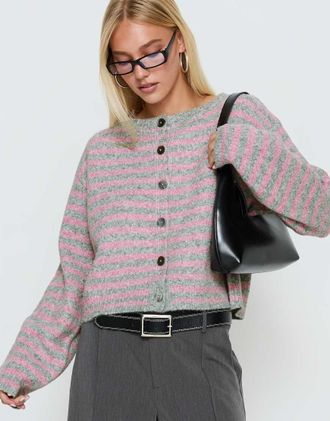 Princess Polly Rayna Cardigan mit Knopfleiste in rosa-grau gestreift-Multi