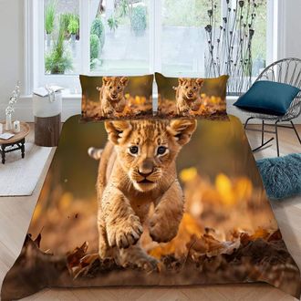 Generic L&ouml;we Bettw&auml;sche 140x200 cm Wildtiere Bettw&auml;sche-Sets Superweich Mikrofaser 3 Teilig Haben 1 Bettbezug und 2 Kissenbez&uuml;ge 80&times;80cm mit Rei&szlig;verschluss V.