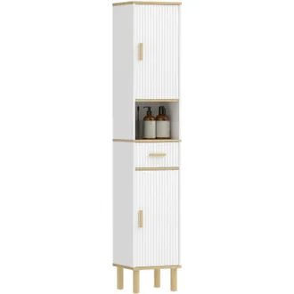 HOMCOM Meuble colonne salle de bain - HOMCOM - 2 portes, tiroir, compartiment ouvert et &eacute;tag&egrave;re r&eacute;glable - bois - 31,5x29,7x171,5cm - blanc